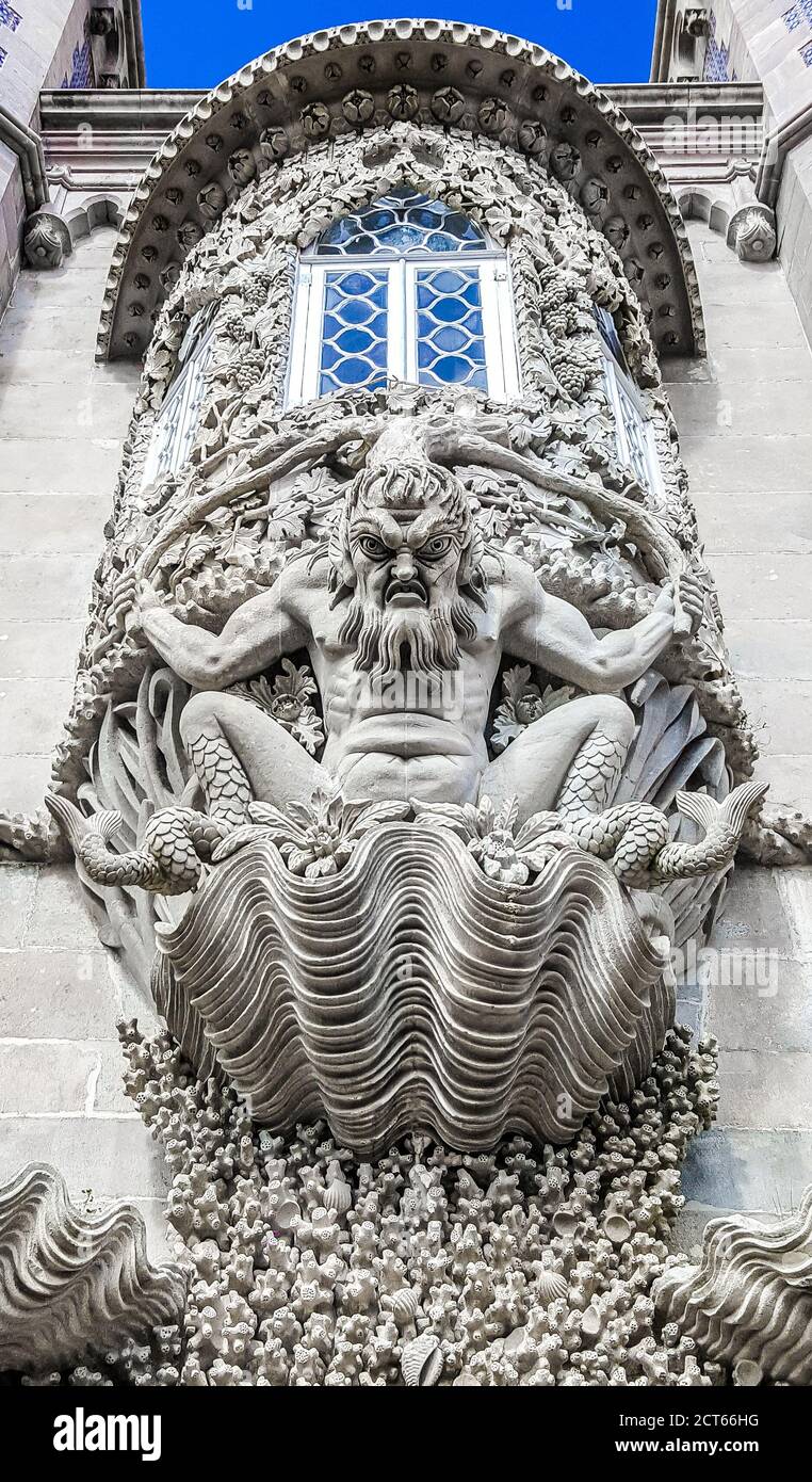 The balcony of the Pena Palace. The depiction of a mythological triton ...