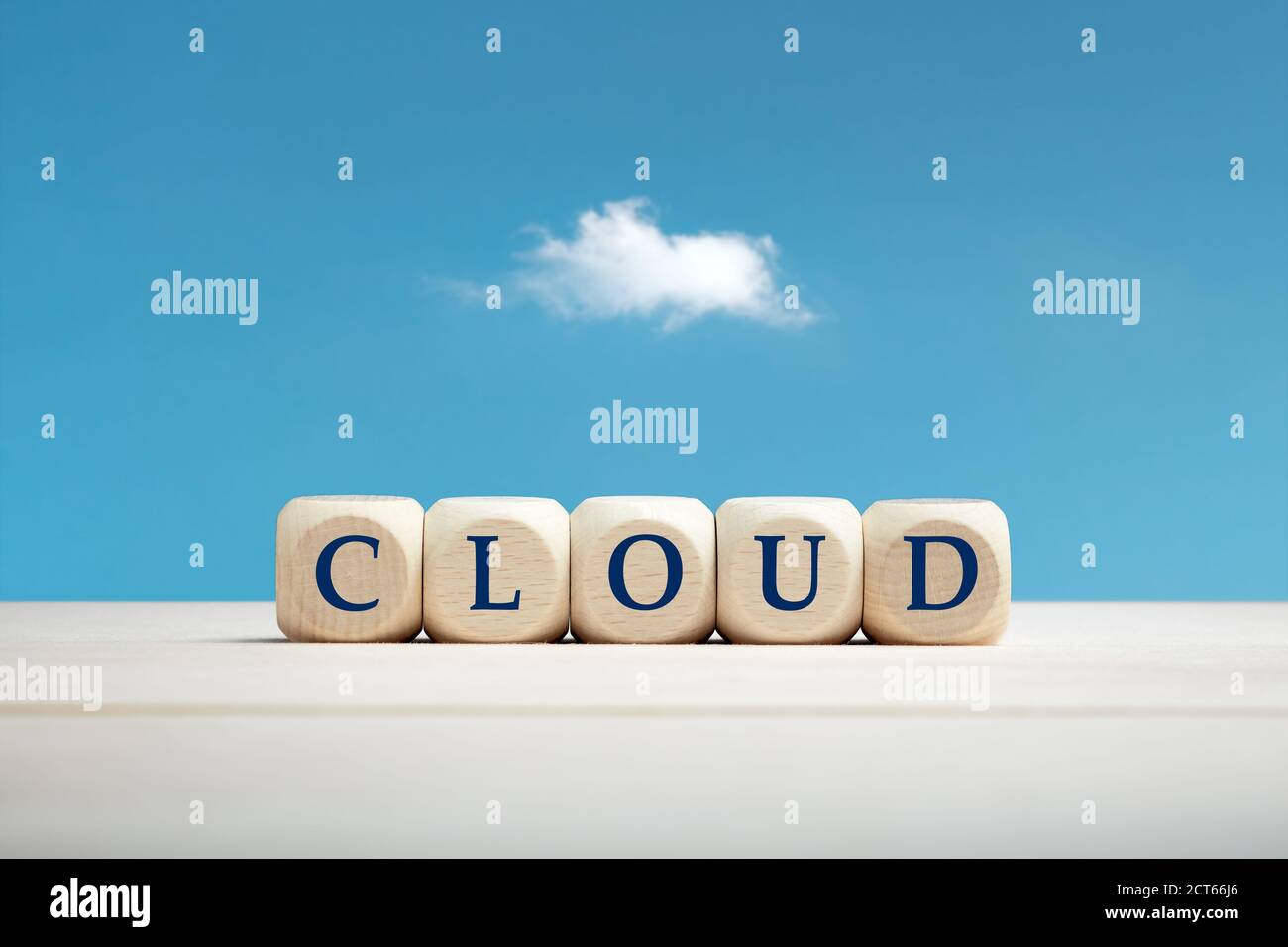 The word cloud on wooden blocks against a blue sky and cloud background ...