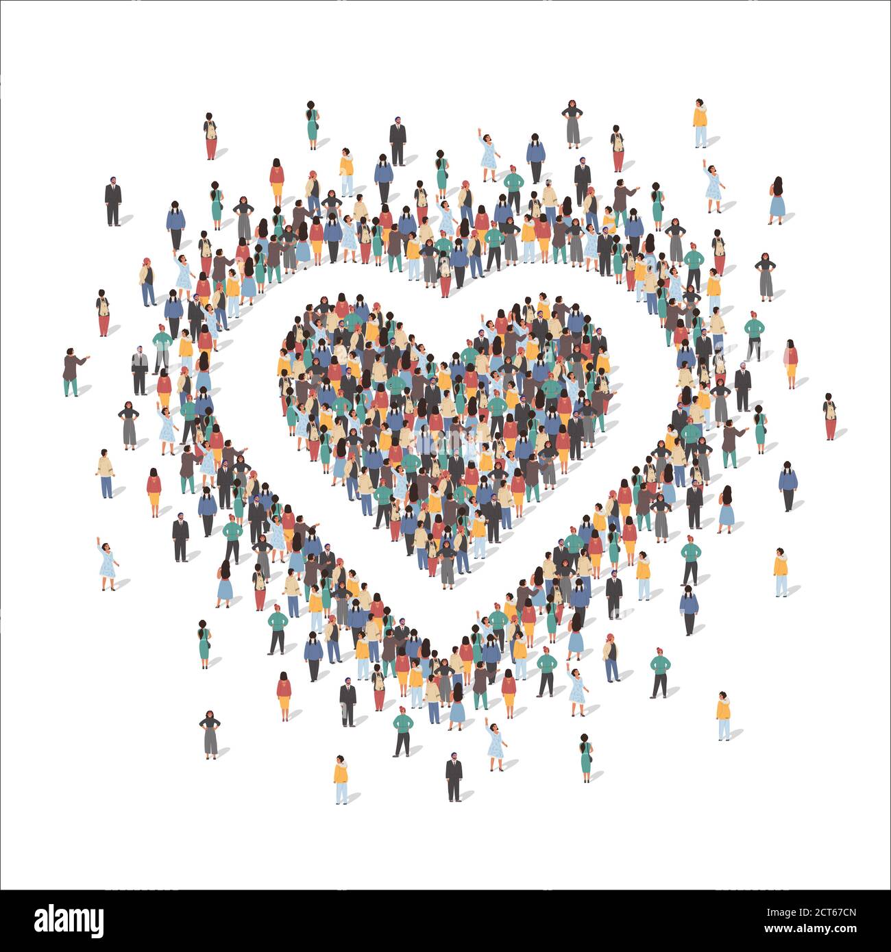 Large group of people forming human heart shape symbol, flat vector ...