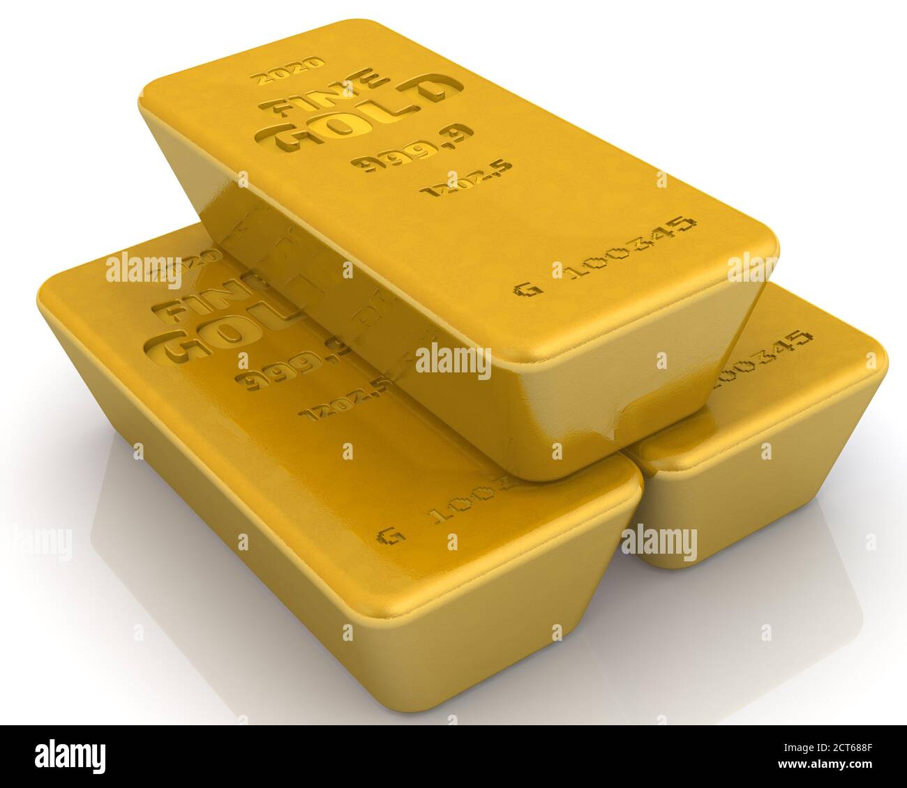 The highest standard gold bars. Three ingots of 999.9 Fine Gold lie on ...