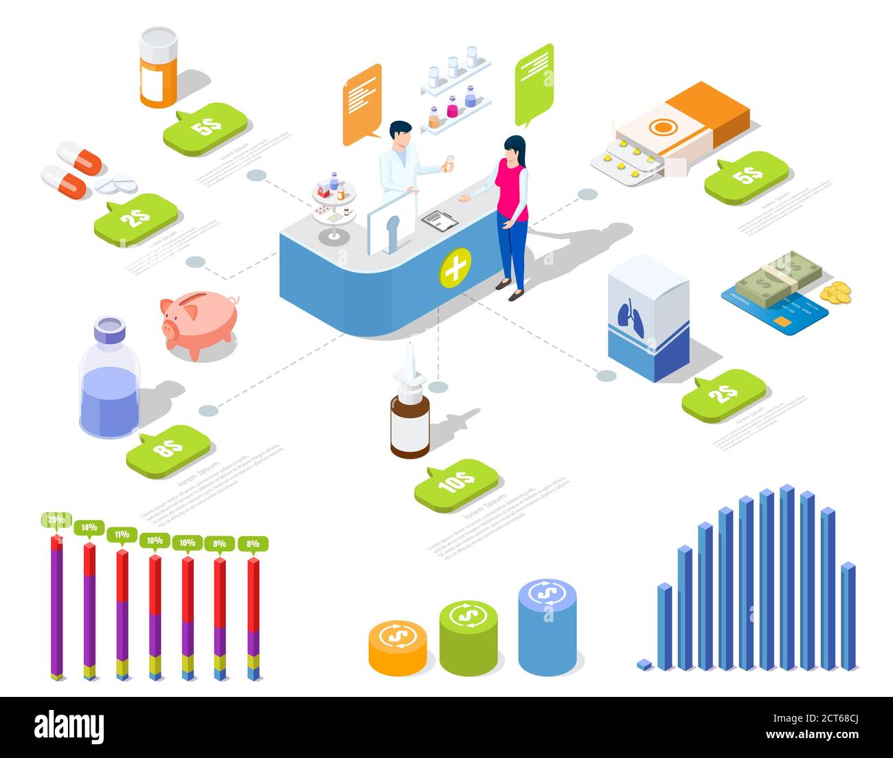 Pharmacy infographic with doctor pharmacist serving customer at counter ...
