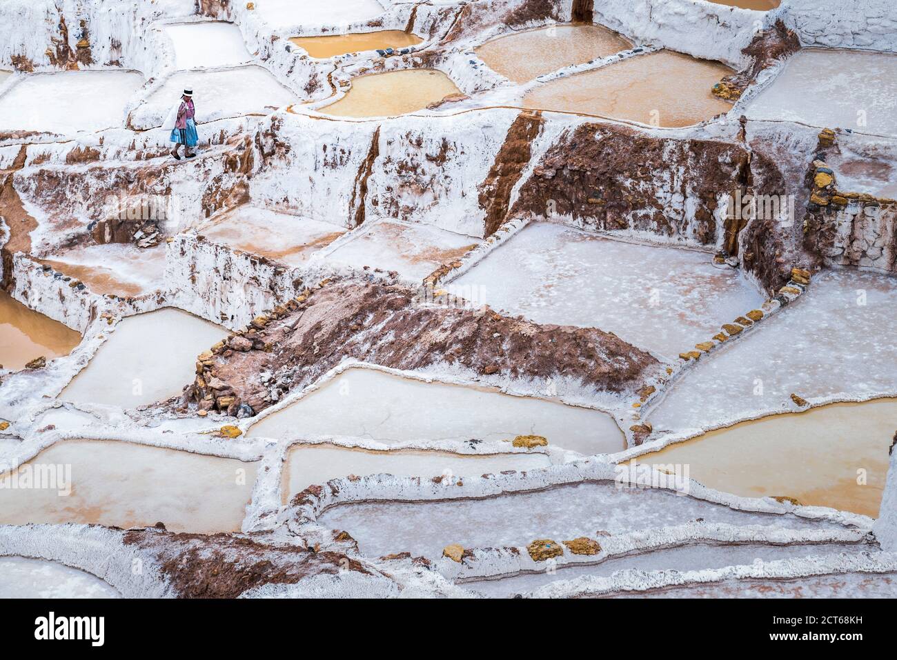 Worker at Salt pans (Salinas de Maras), Maras, near Cusco (Cuzco), Peru ...