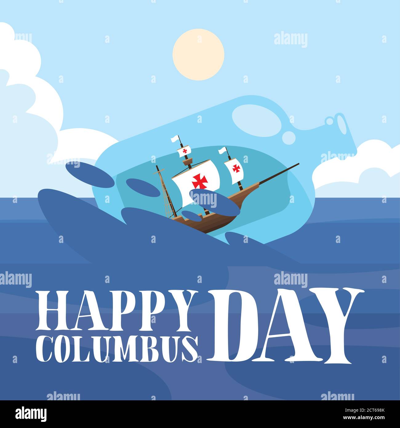 Columbus ship inside water bottle at sea design of happy columbus day ...