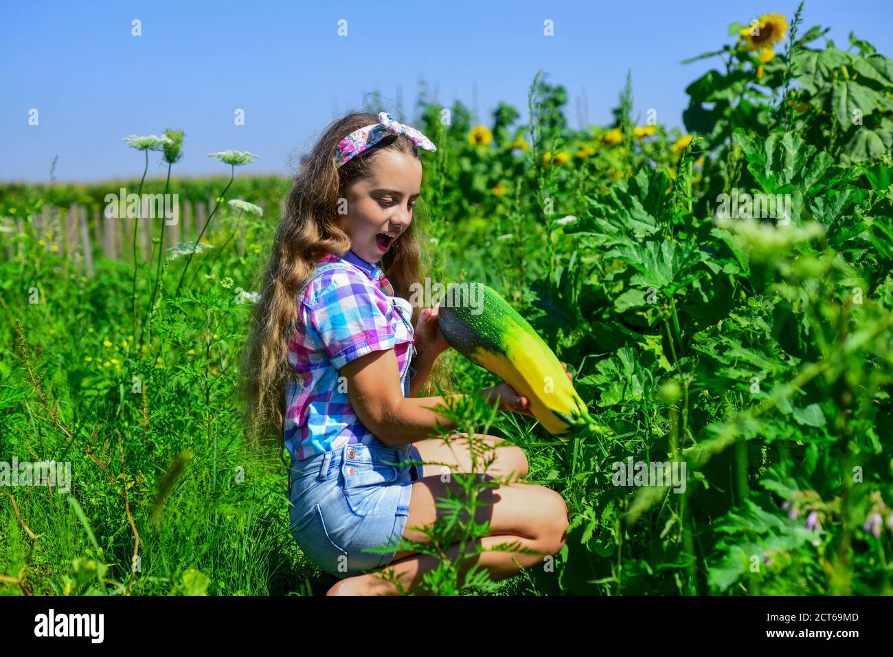 retro beautiful girl showing zucchini. pretty kid on farm. beauty of ...