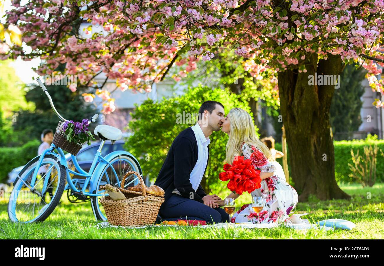 Happy to be in love. romantic couple on picnic. love date in spring ...