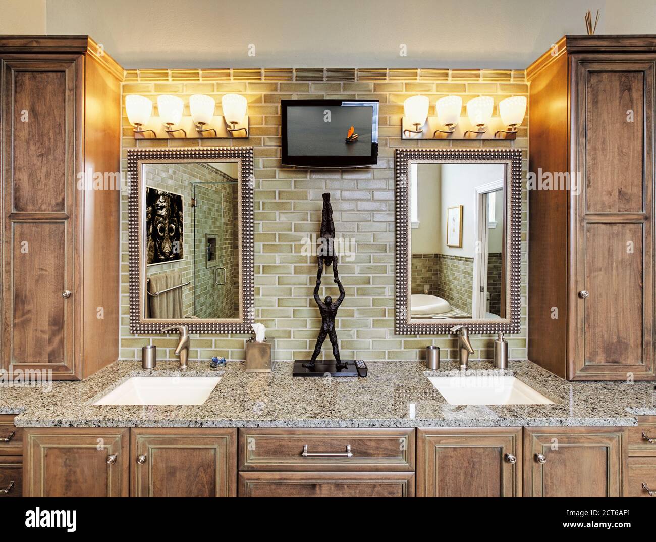 Bathroom Counter With Vanity Lighting Stock Photo - Alamy