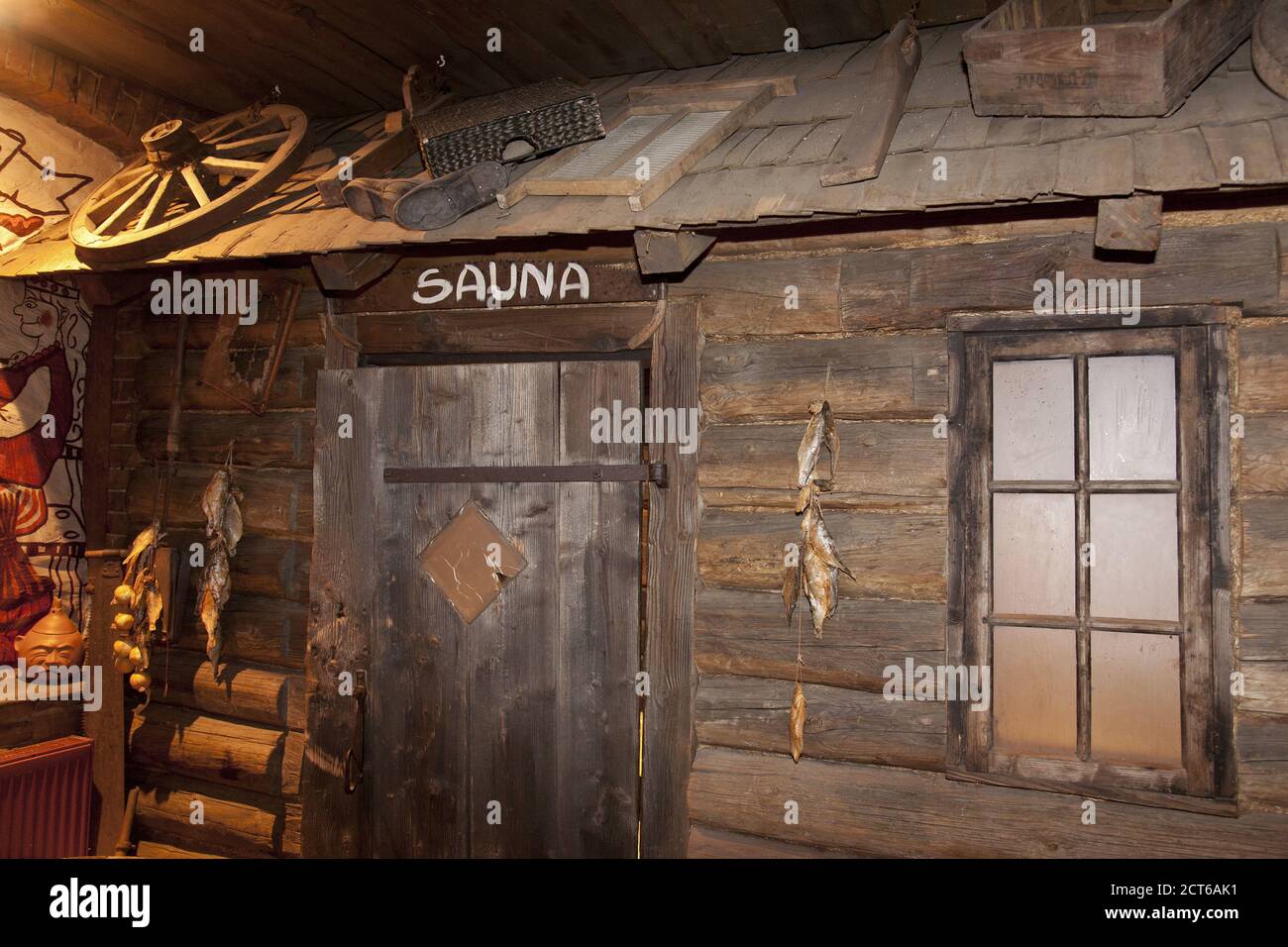 A hotel with old fashioned retro styled rooms and rustic objects, door ...