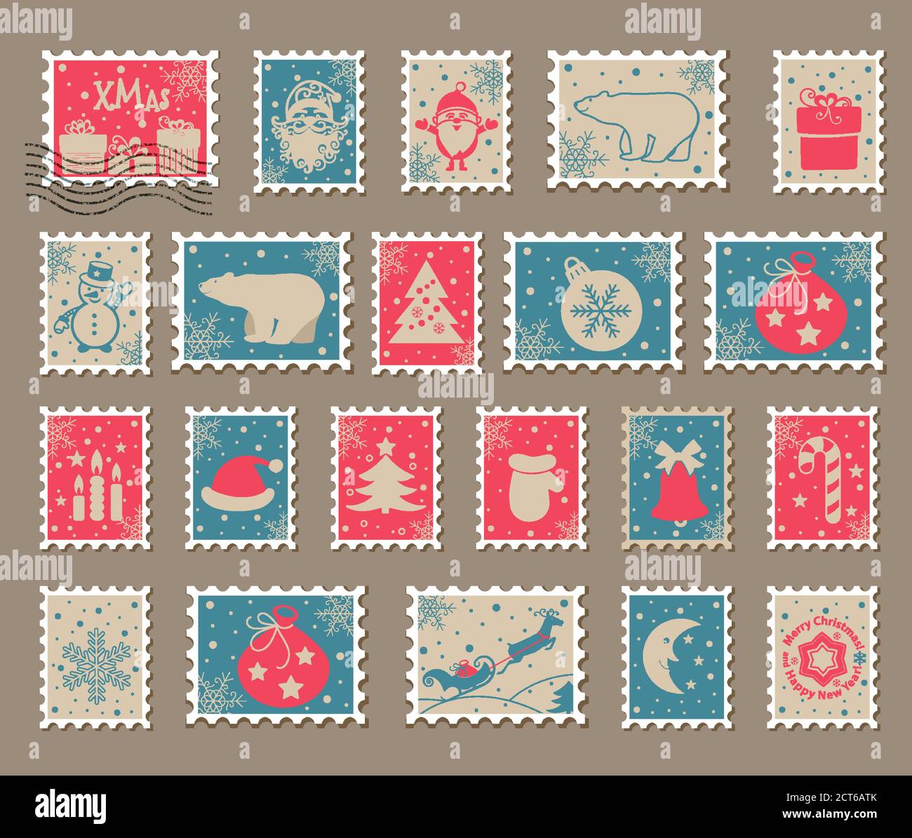 Christmas postage stamps with Santa Claus, Snowman. Vector illustration ...
