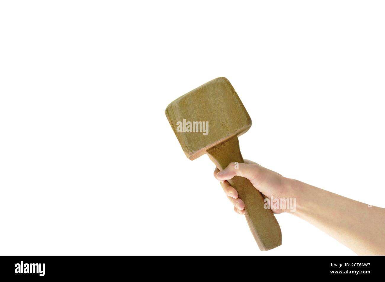 Human hand holding big wooden hammer on white background Stock Photo ...