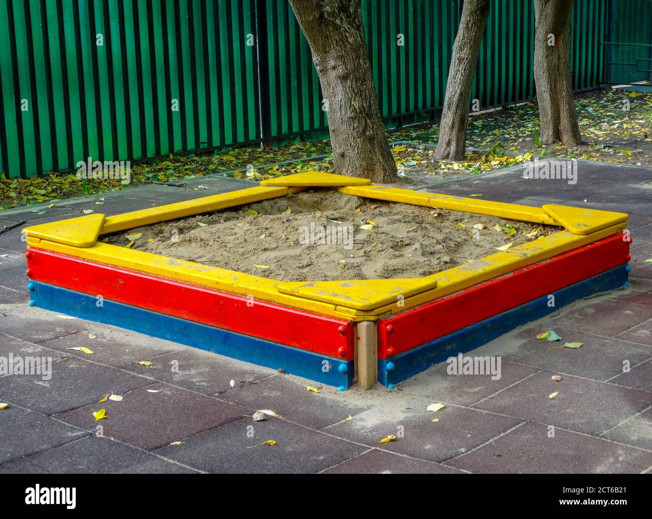 Bright multi-colored children's sandbox on the Playground Stock Photo ...