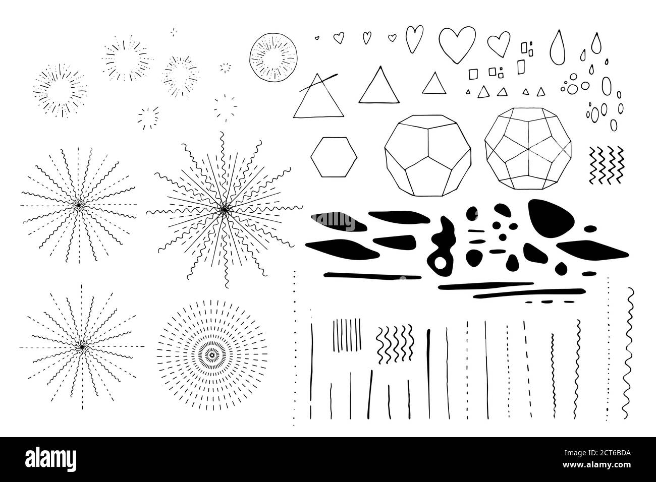 Hand drawn doodle set of black line art in boho style. Abstract design ...