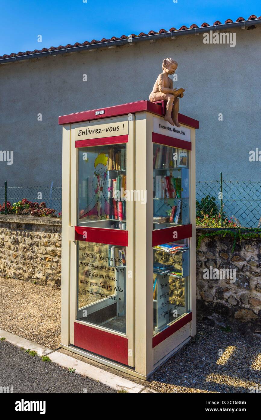 Old telephone box used as free public library with model elf on roof ...