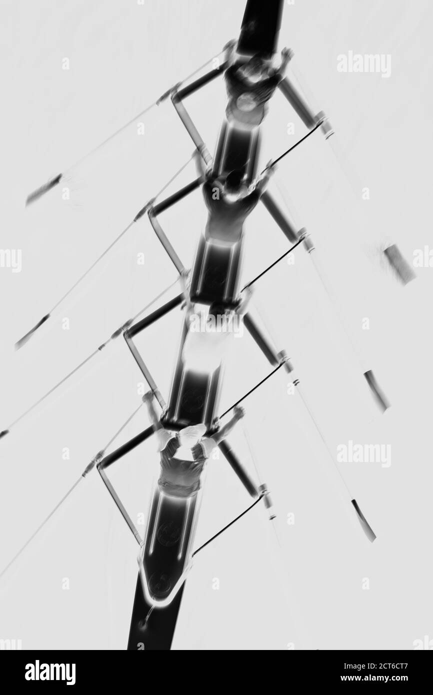 Overhead view of a crew rowing in a four on the surface of a lake Stock ...
