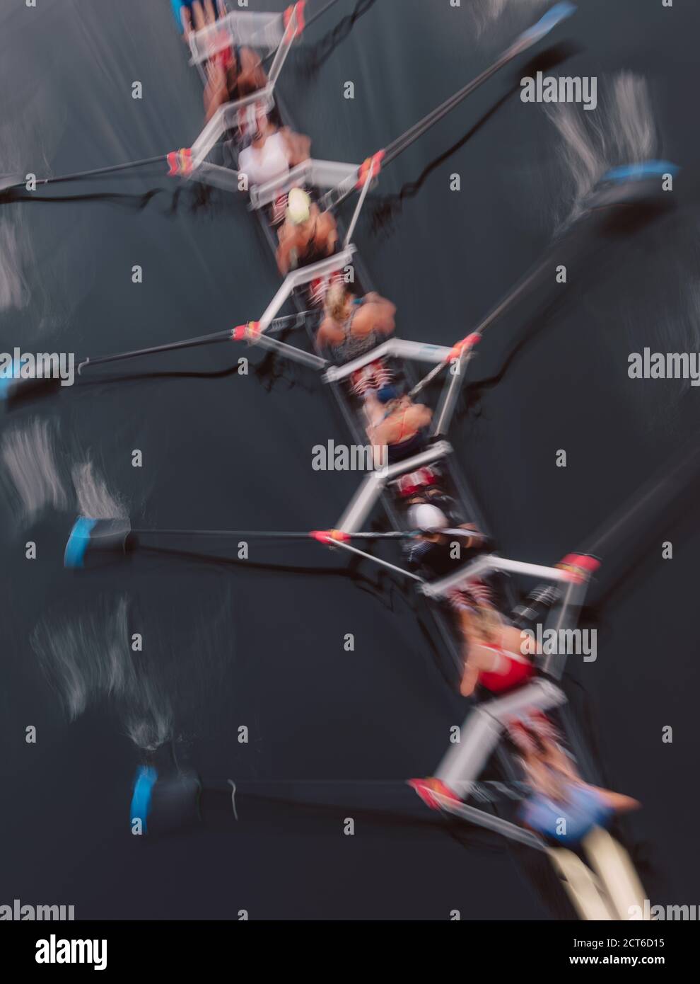 Overhead view of a crew in an eights boat rowing on a lake Stock Photo ...
