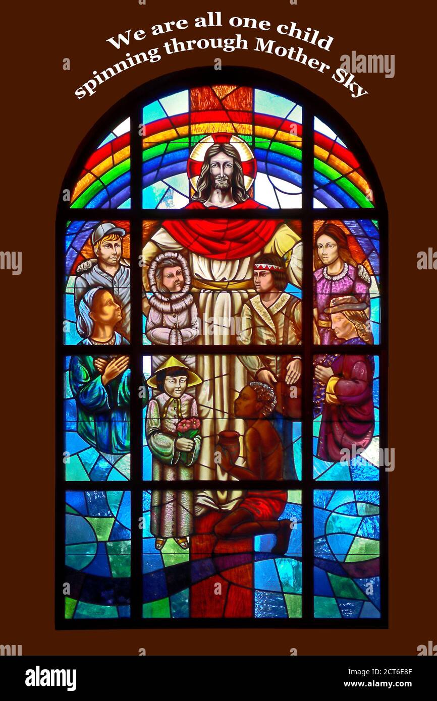 stained glass window; Jesus; multi-ethnic children; rainbow; symbolic ...