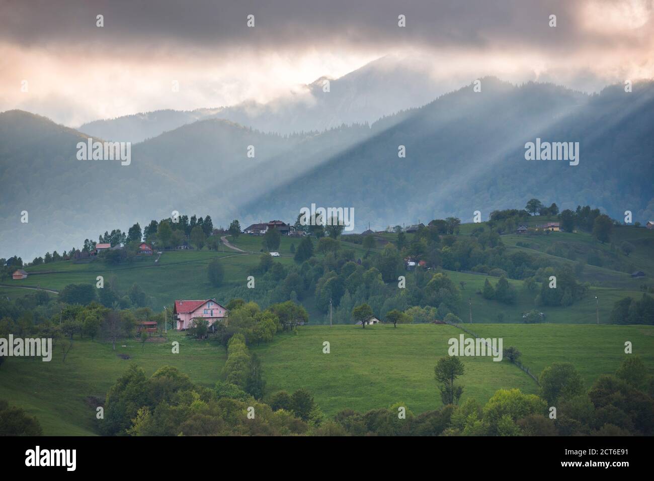 Romanian landscape in the Carpathian Mountains near Bran Castle at ...