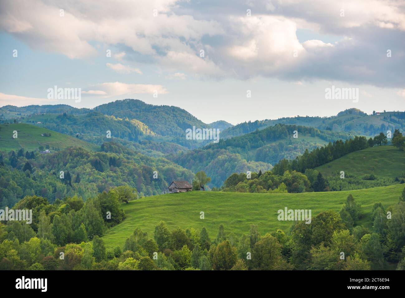 Romanian landscape in the Carpathian Mountains near Bran Castle at ...