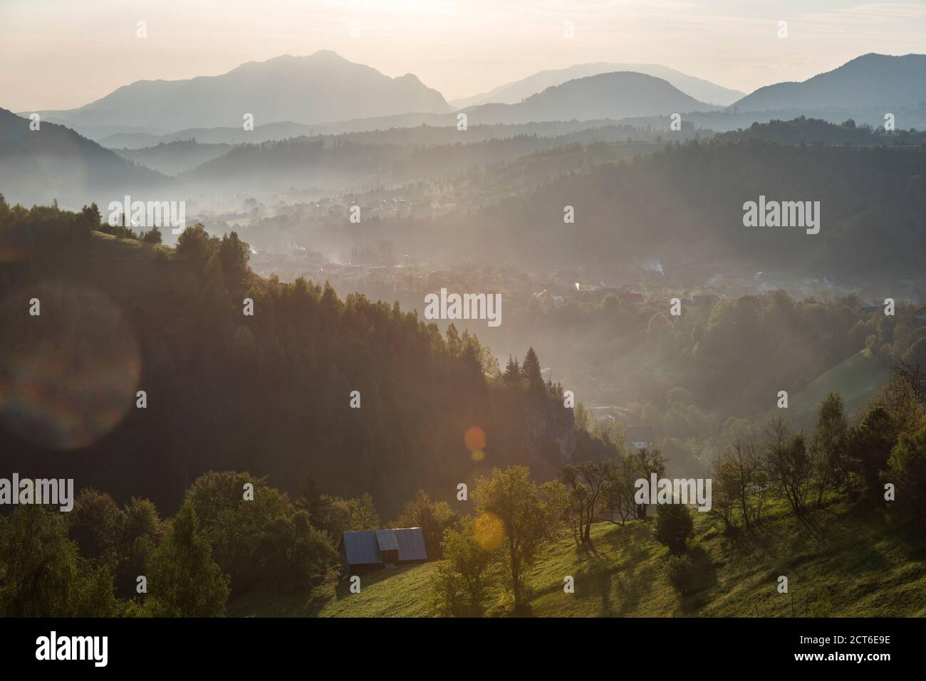 Sunrise in the Carpathian Mountains near Bran Castle at Pestera ...