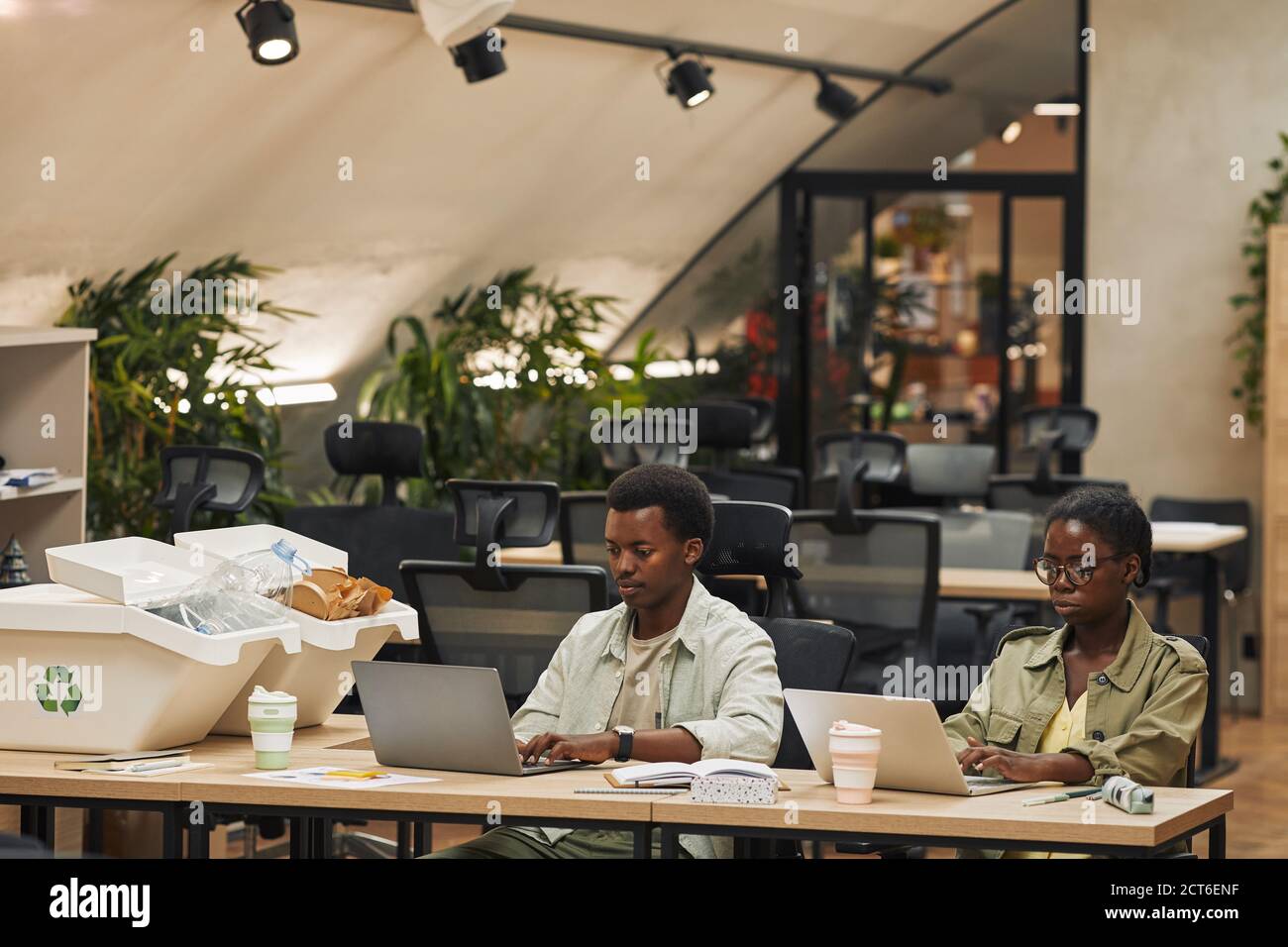 Portrait of two African-American people using laptop while working by ...