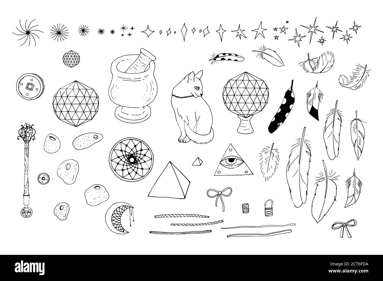 Hand drawn doodle set of black line art in boho style. Collection of ...