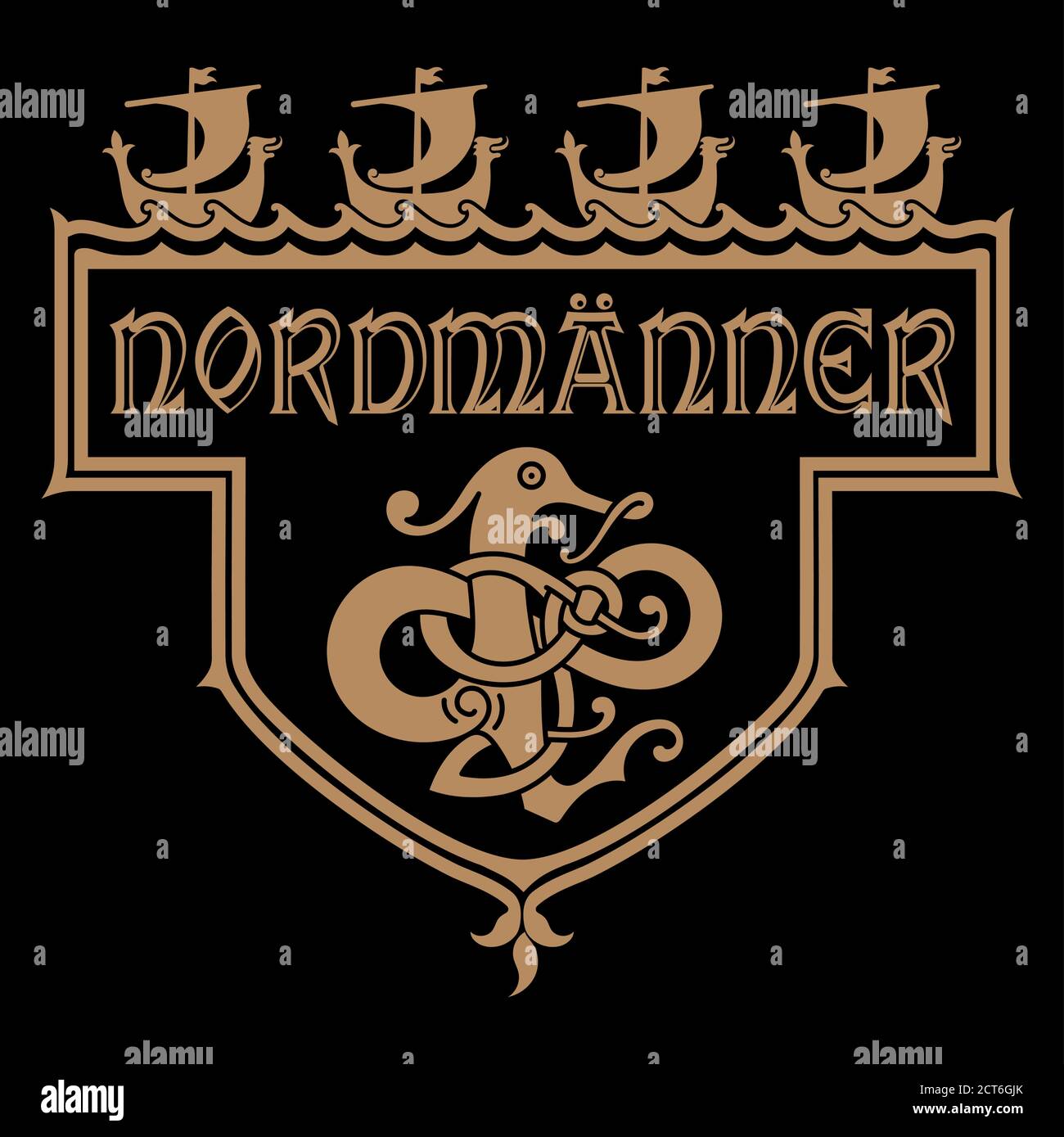 Old Norse design. Frame in Scandinavian style. Drakkars float on the ...