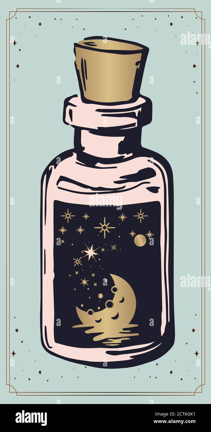 witch's magic potions, moon and stars in a jar, mystical drawing: human ...