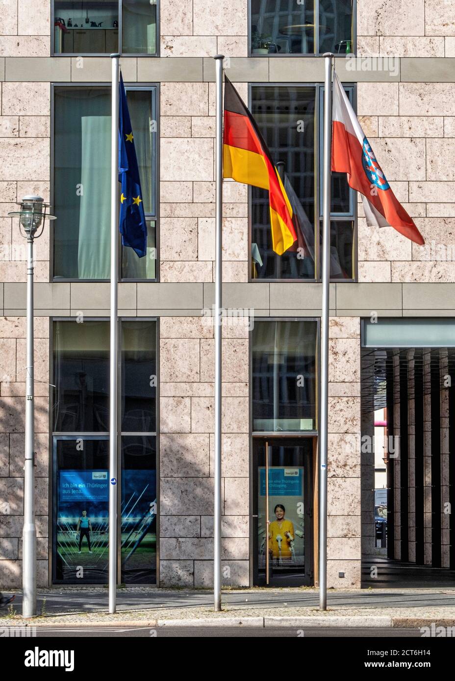 Federal State of Thuringia House. Modern building with EU, German and ...