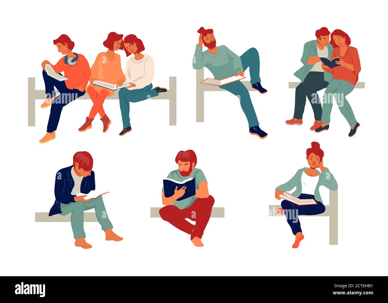 People reading books and studying set of flat vector illustration ...