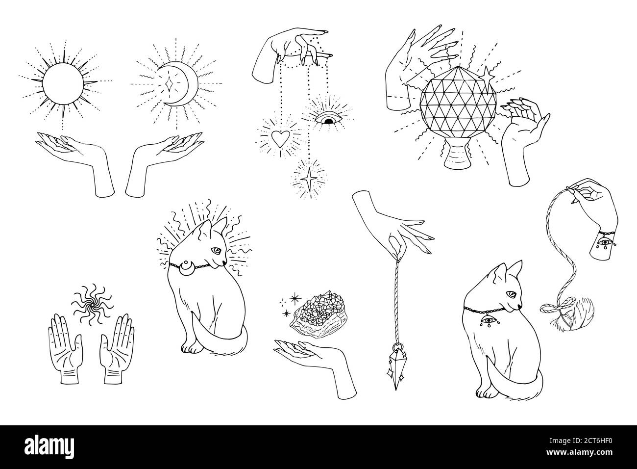 Hand drawn doodle set of black line art in boho style. Scenes with ...