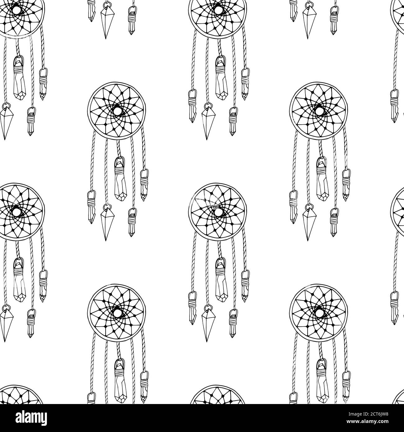 Monochrome seamless pattern with hand drawn dreamcatchers on white ...