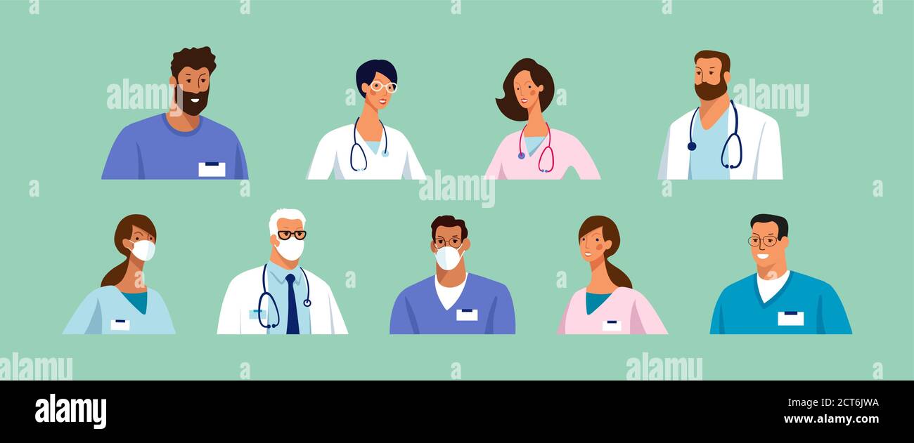 Set of male and female characters of doctors. Surgeons, doctors, nurses ...