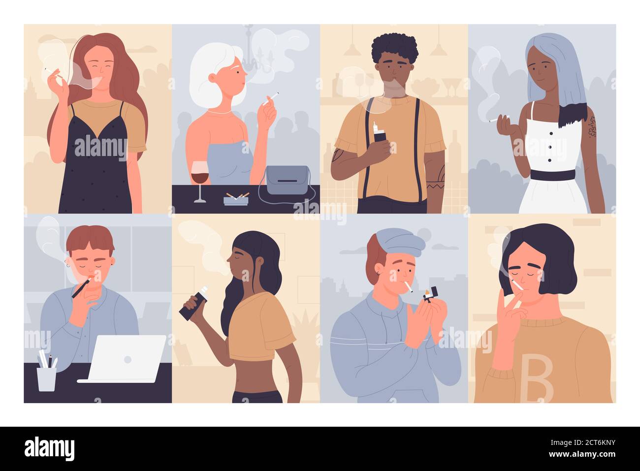 People smoke vector illustration. Cartoon flat young man woman smokers ...