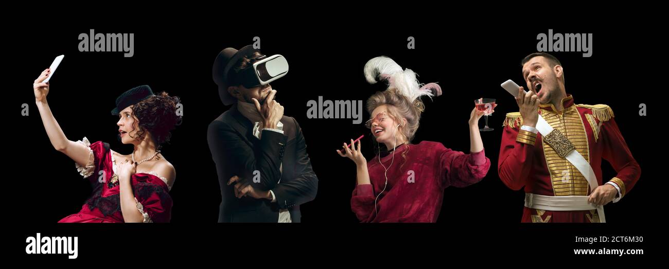 Devices. Collage on young people in medieval attire on dark background ...