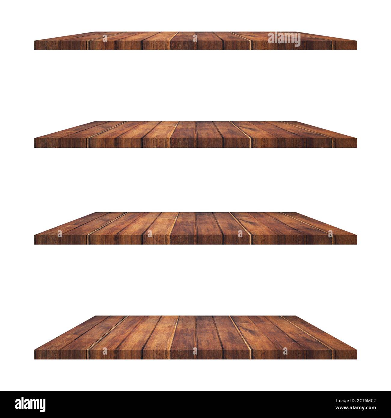 4 Wood shelves table isolated on white background and display montage ...