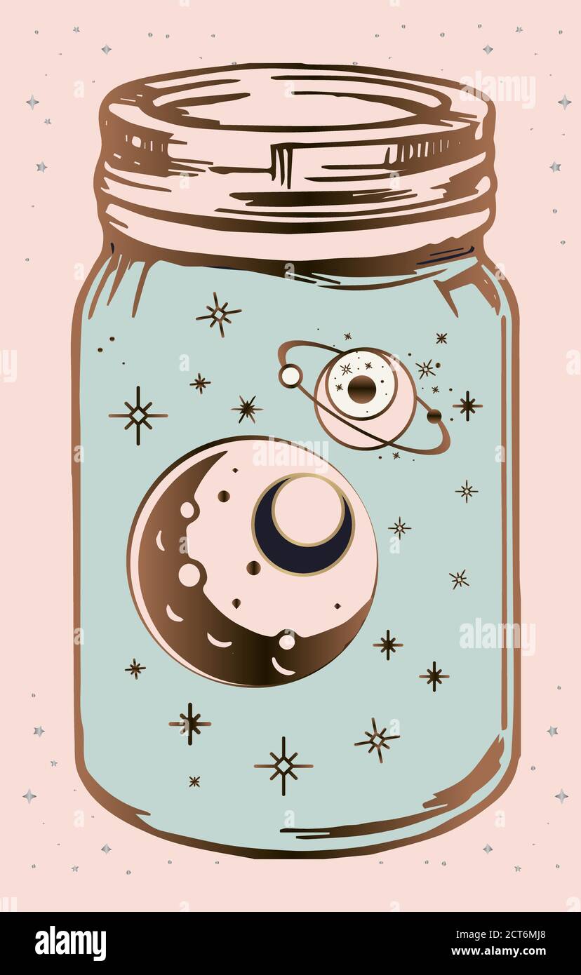 witch's magic potions, moon and stars in a jar, mystical drawing: human ...