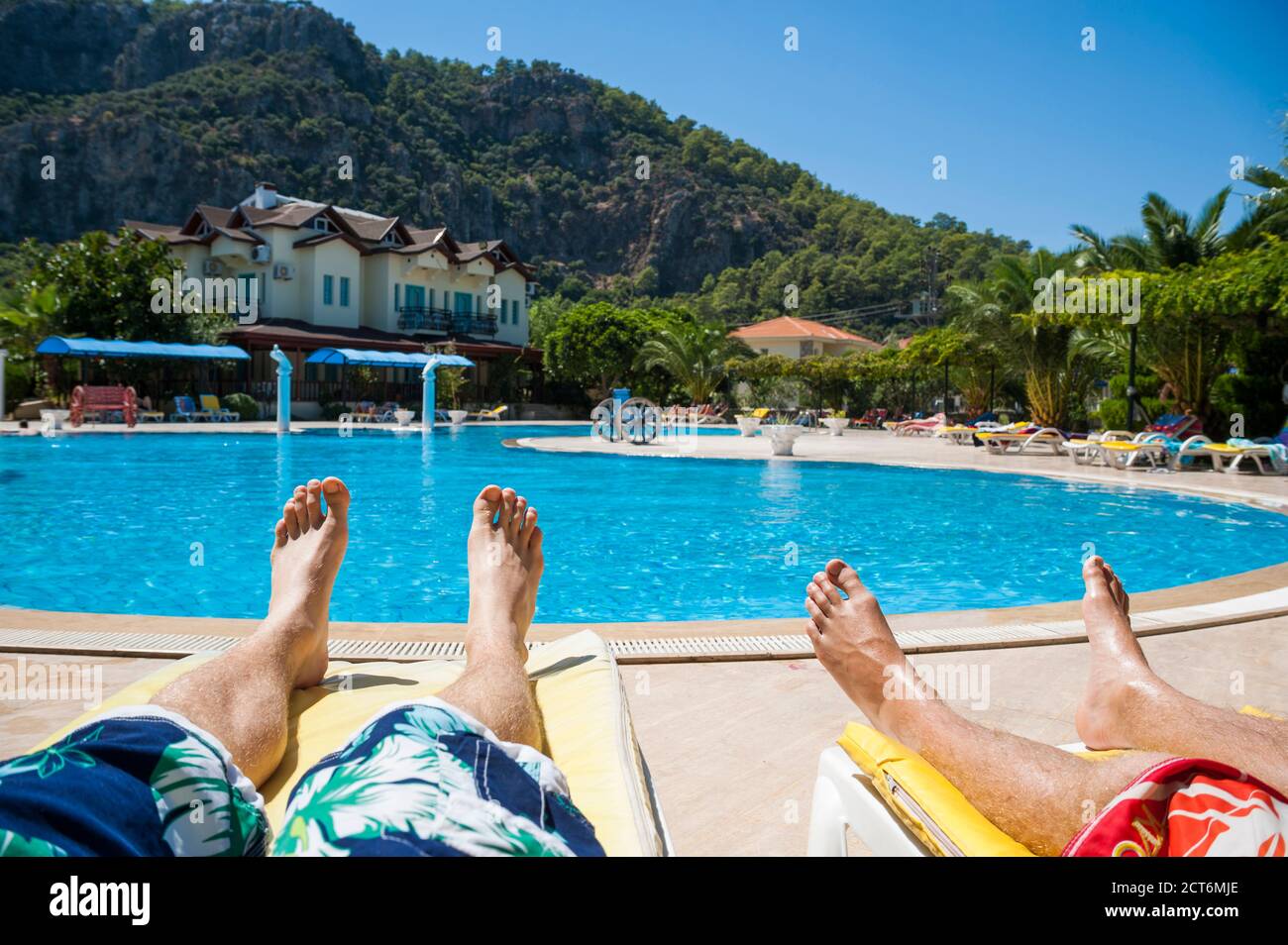 Sunbathing at a swimming pool at a resort in Dalyan, Mugla Province ...