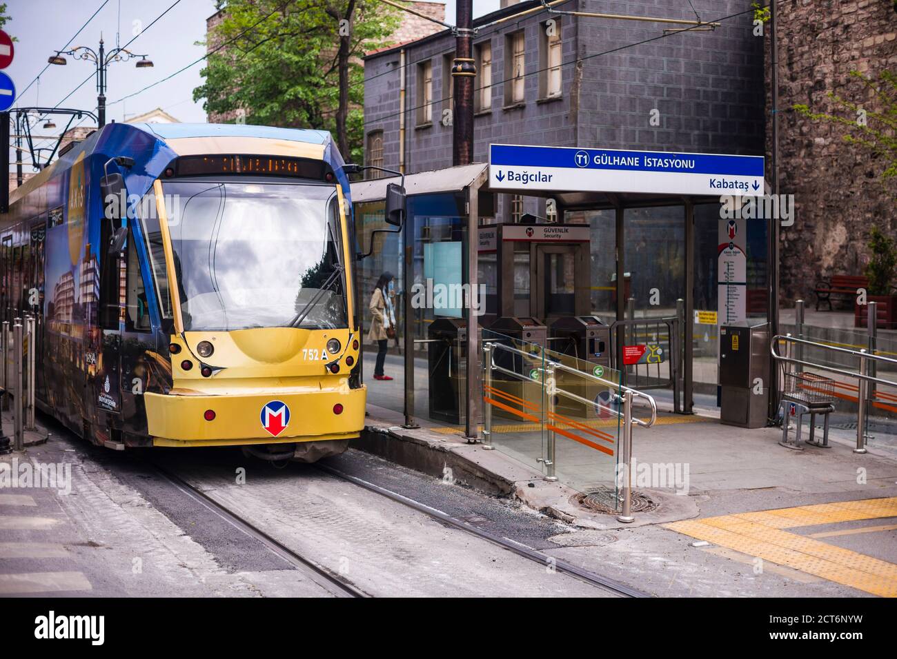 A tram at Gulhane Station on metro line T1, public transport system in ...