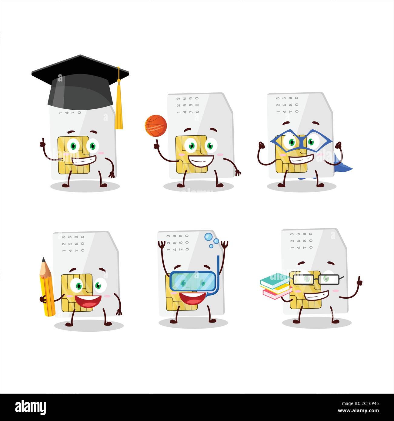 School student of sim card cartoon character with various expressions ...