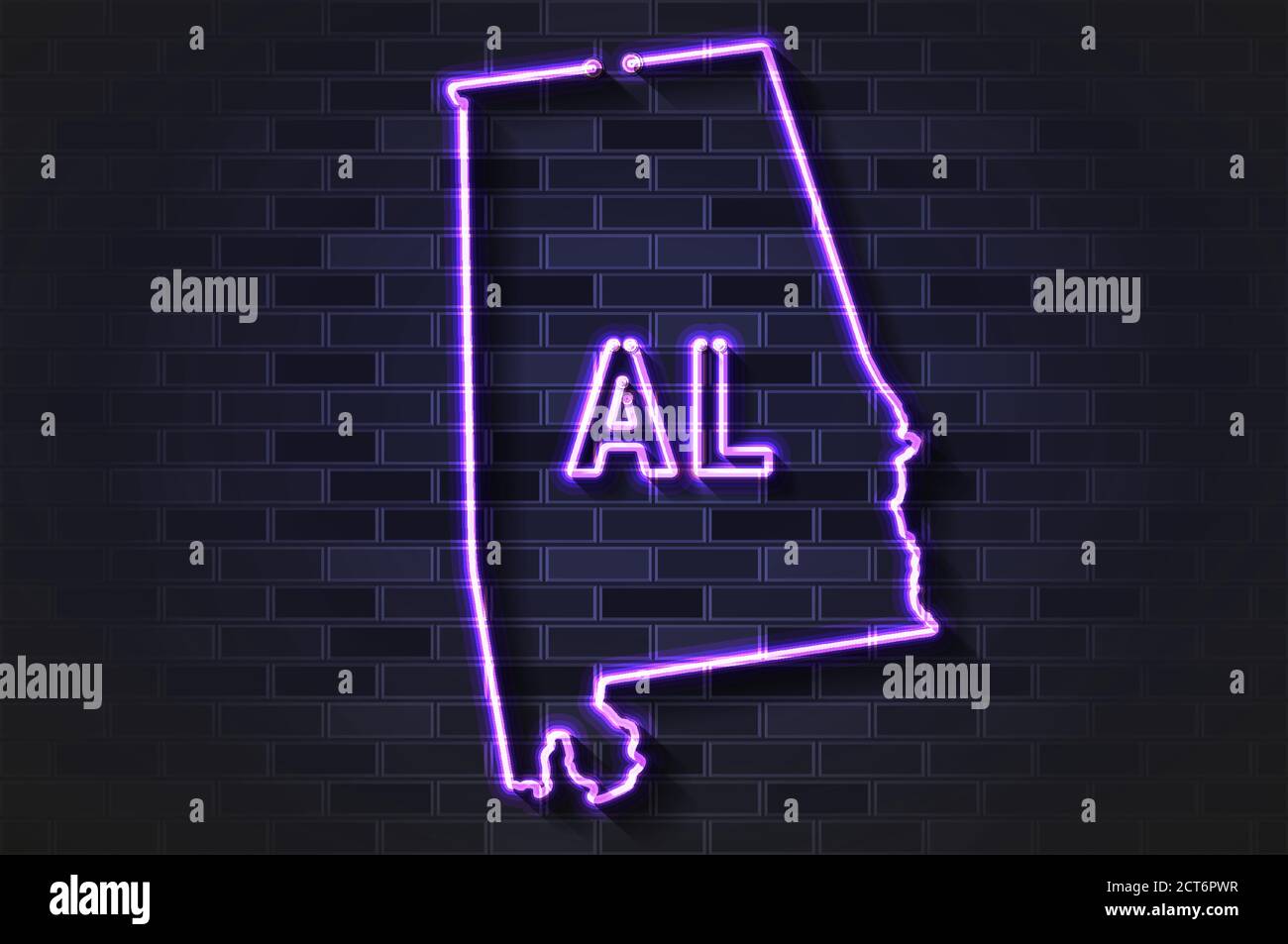 Alabama map glowing neon lamp or glass tube on a black brick wall Stock ...