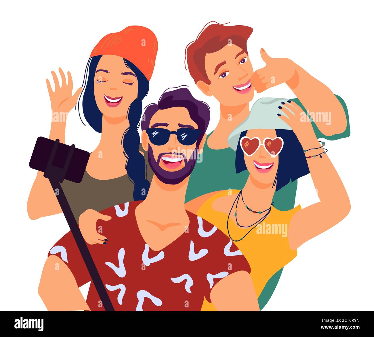 Best friends taking selfie with smartphone flat vector illustration ...