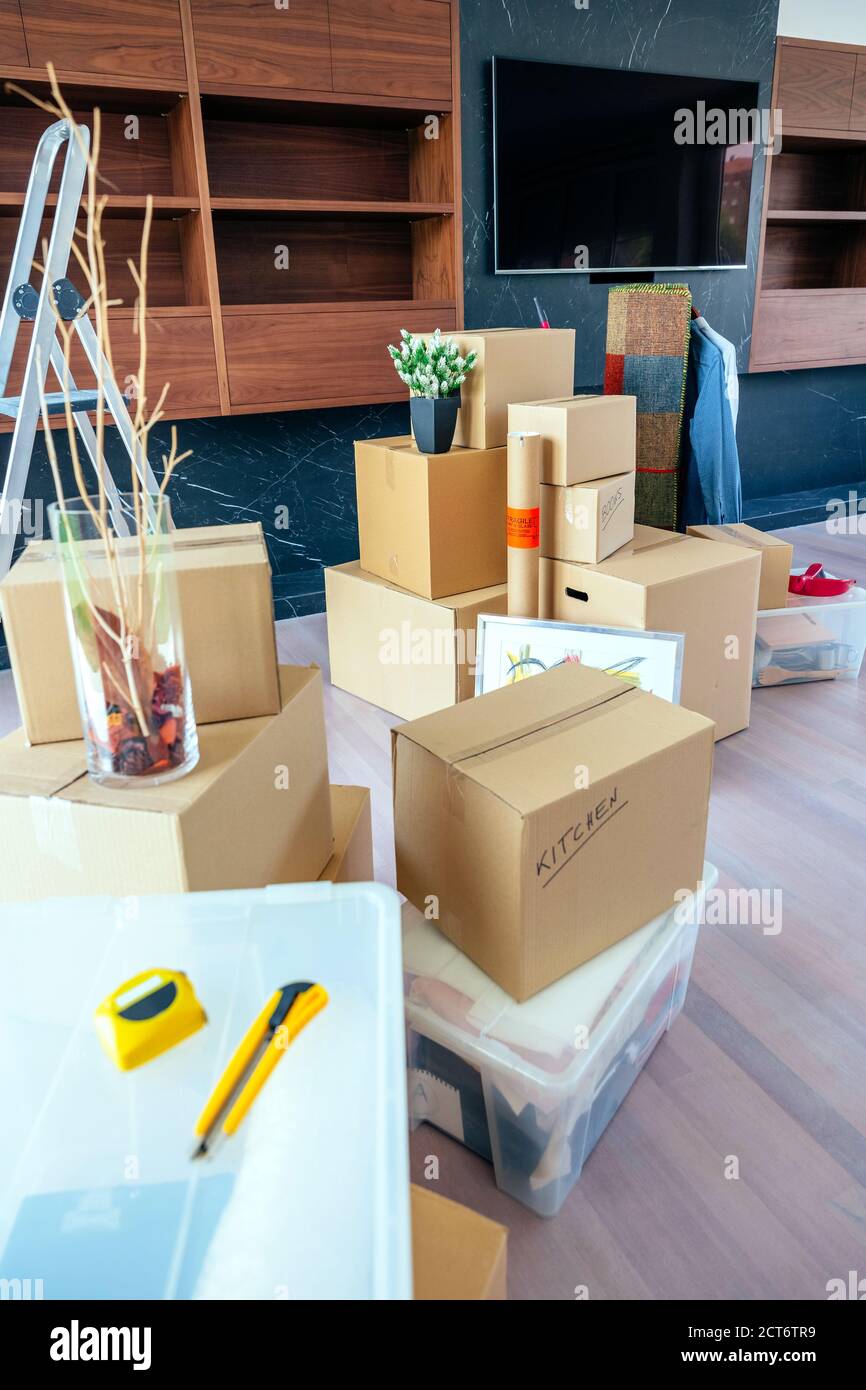 Living room with moving boxes Stock Photo - Alamy