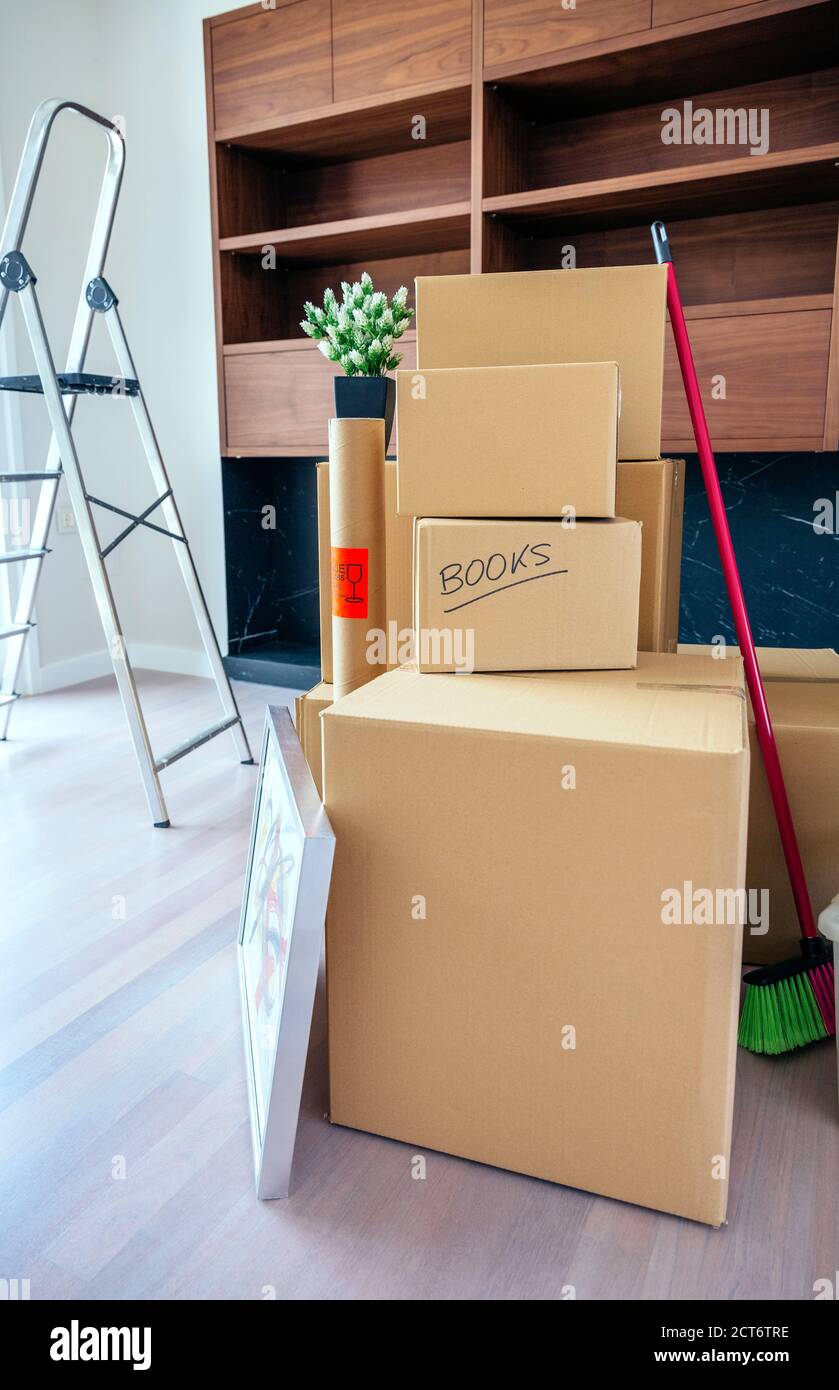 Living room with moving boxes Stock Photo - Alamy