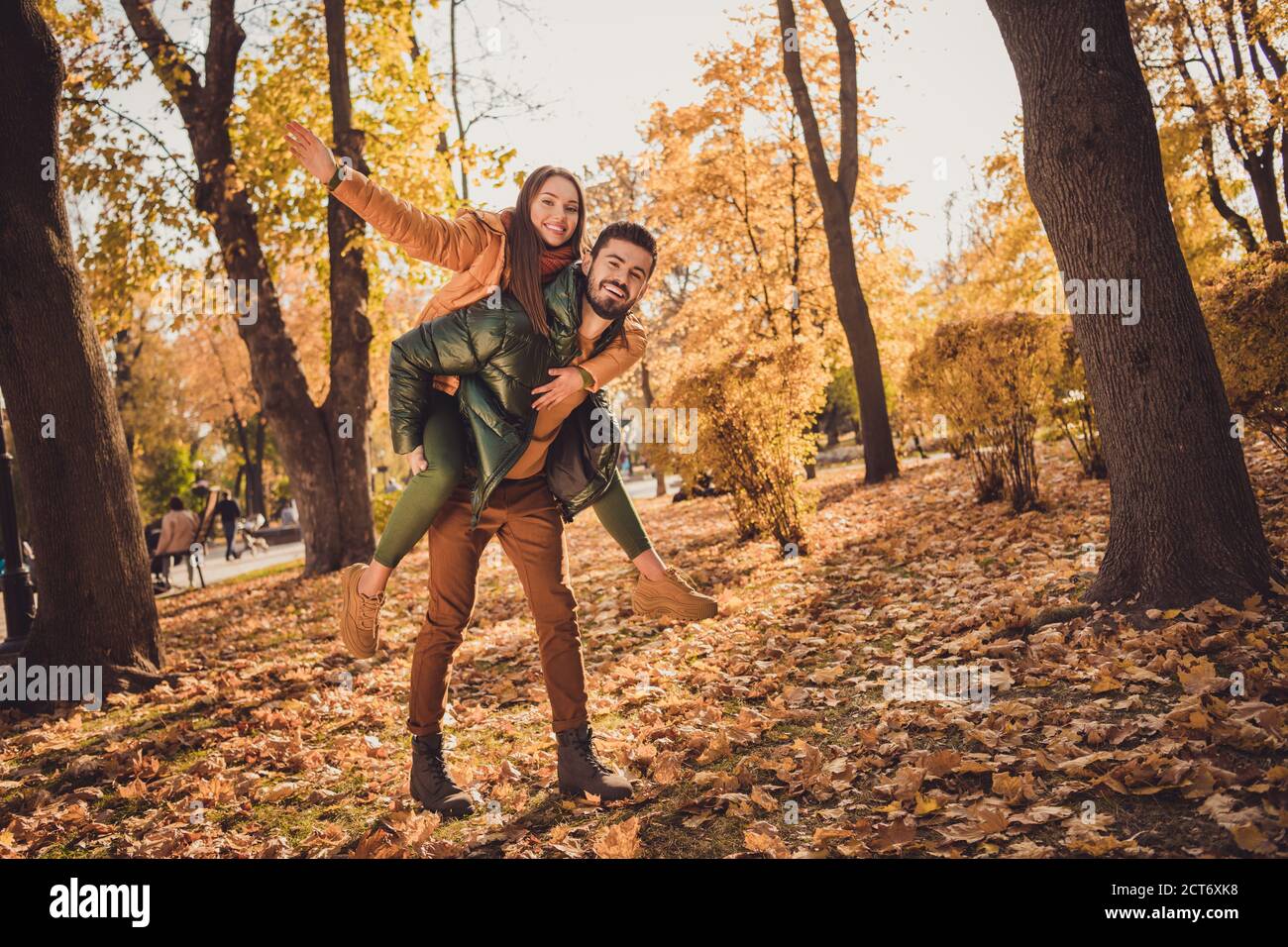 Full size photo of positive couple in fall september forest park guy ...