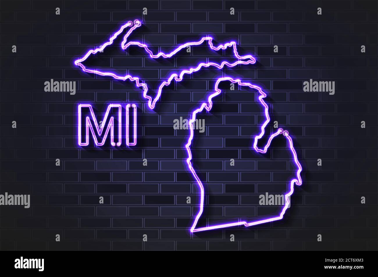 Michigan map glowing neon lamp or glass tube on a black brick wall ...