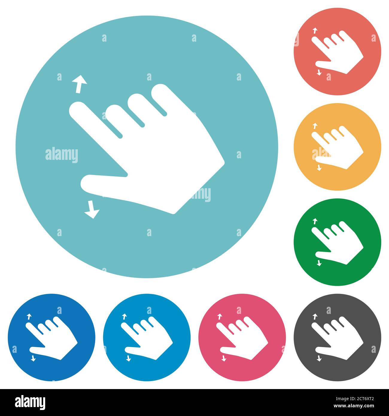 Right handed pinch open gesture flat white icons on round color ...