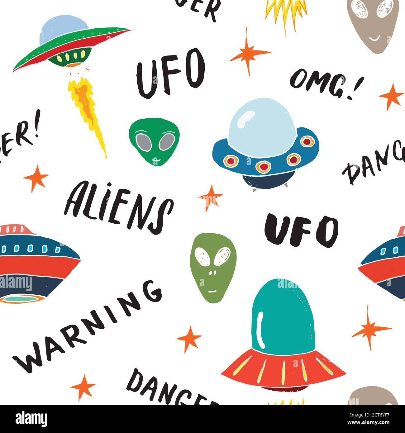 Ufo and aliens Seamless pattern. Cute Doodles space ships sketch. Hand ...