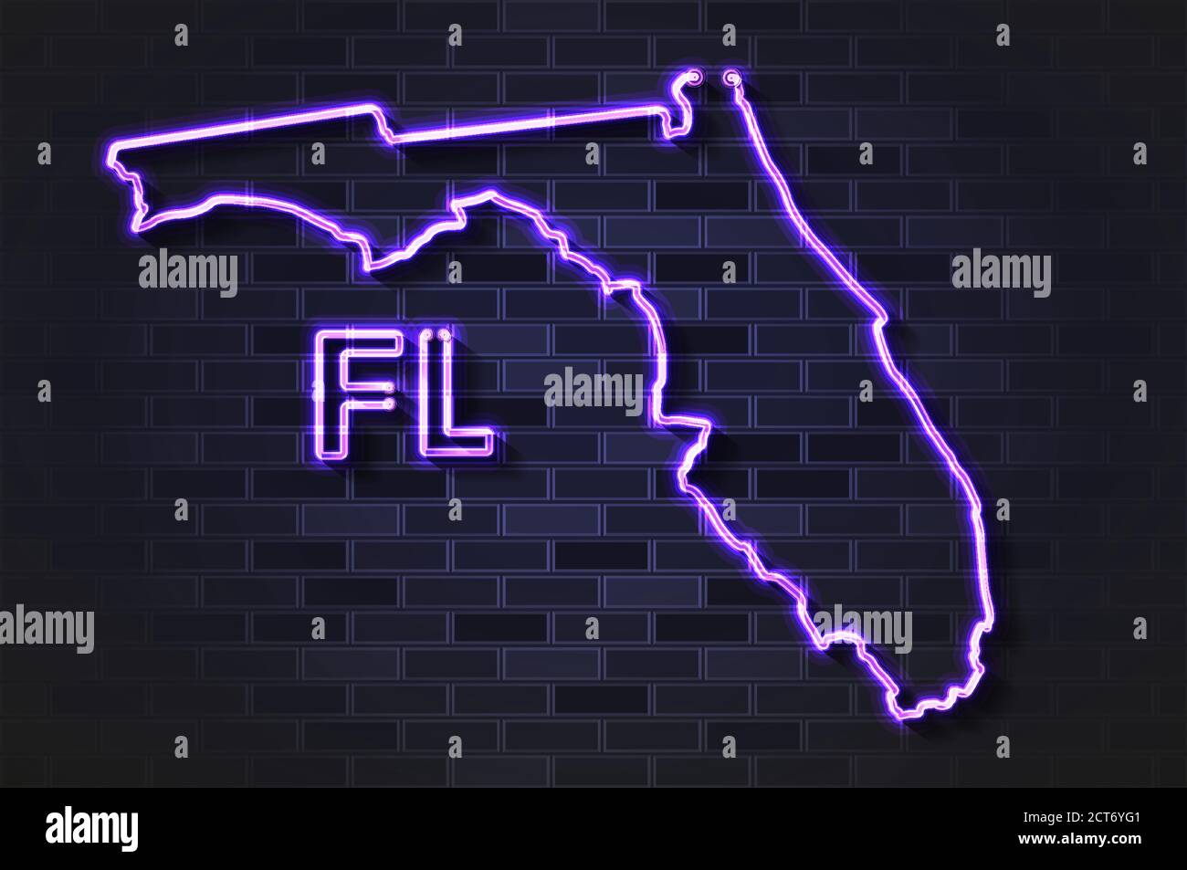 Florida map glowing neon lamp or glass tube on a black brick wall Stock ...