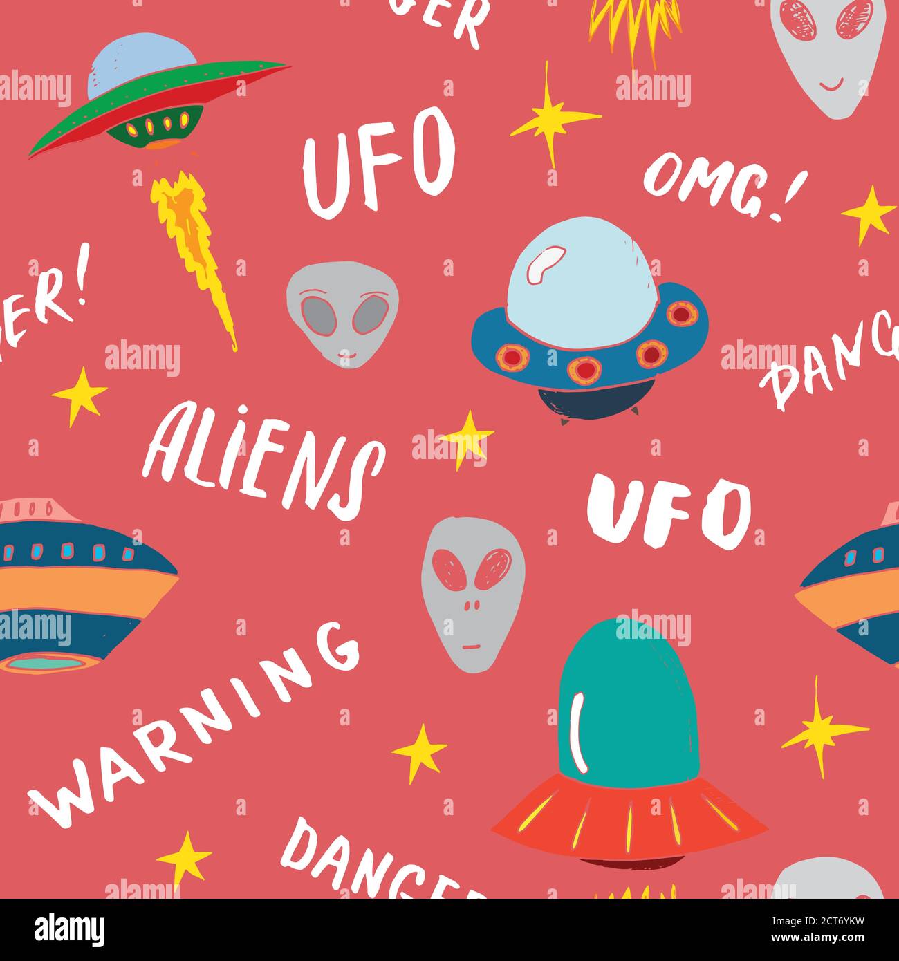 Ufo and aliens Seamless pattern. Cute Doodles space ships sketch. Hand ...