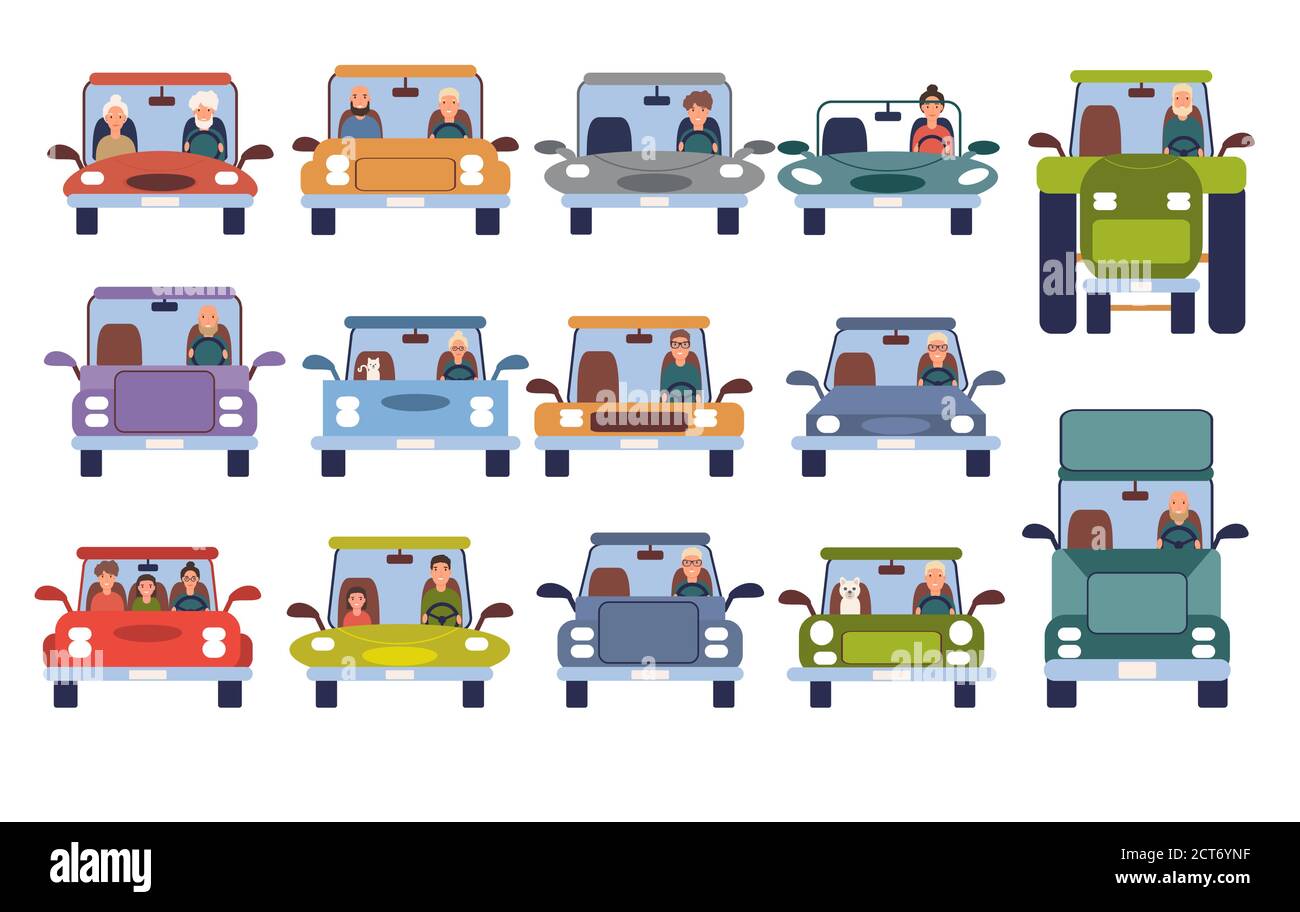 Funny people driving cars isolated on white background. Colorful vector ...