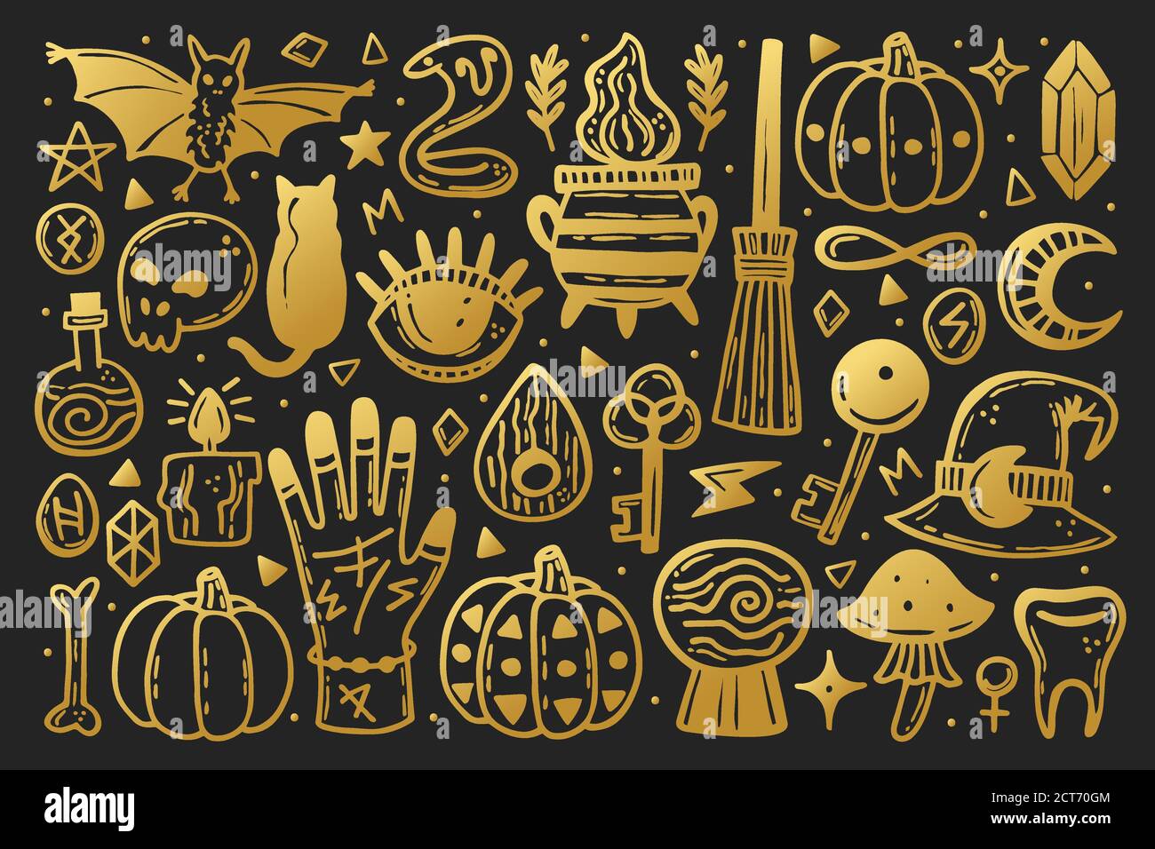 Halloween clip art set of elements. Holiday ink stamps, silhouettes ...